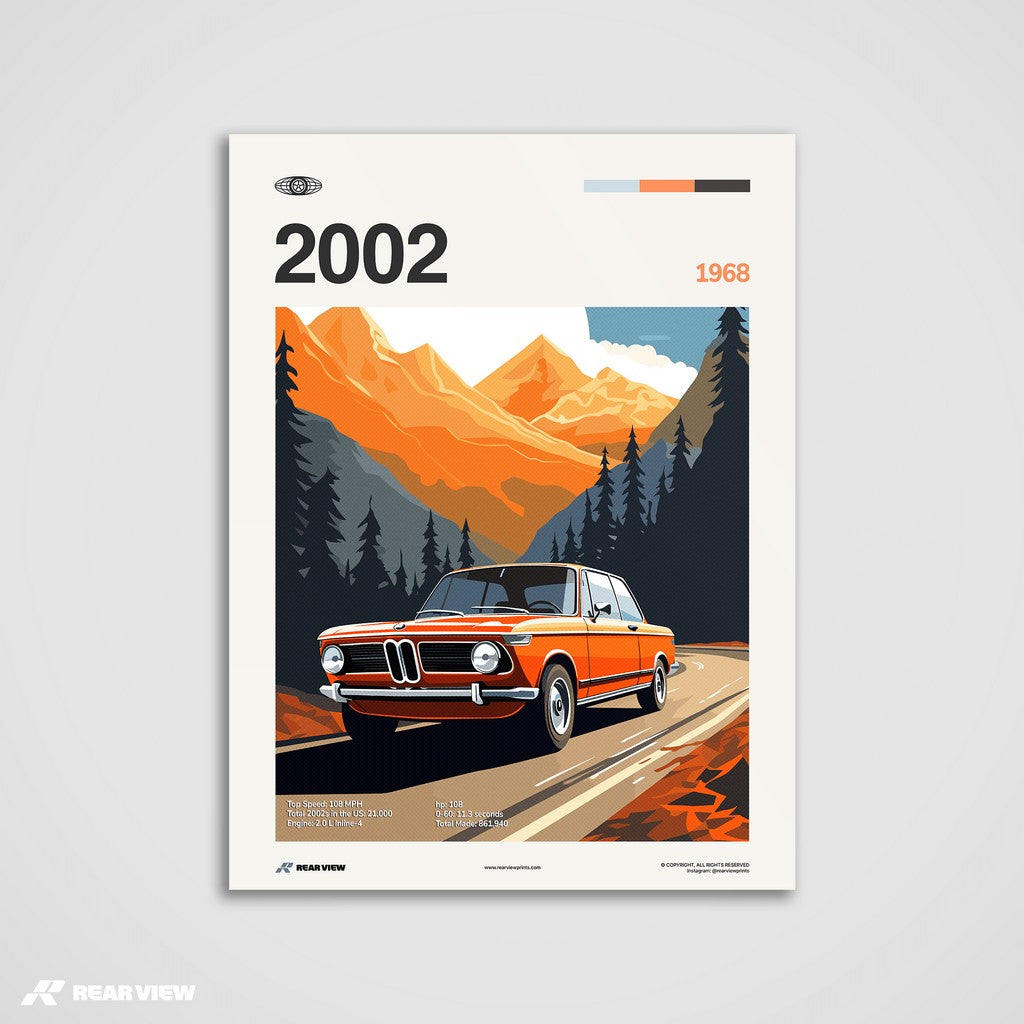 BMW 2002 1968 • Car Art Poster • Rear View Prints